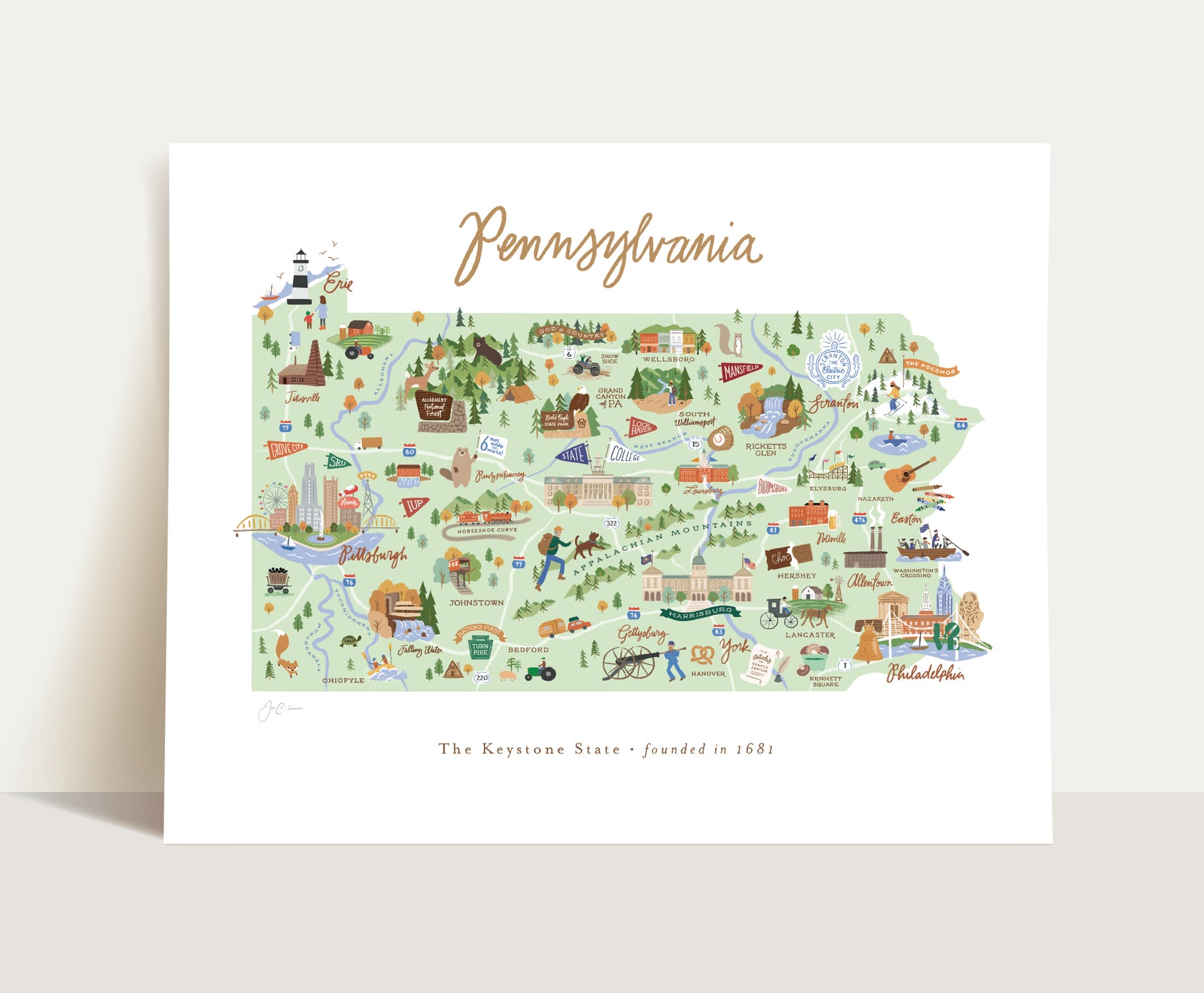 Pennsylvania illustrated map print – JWickDesign